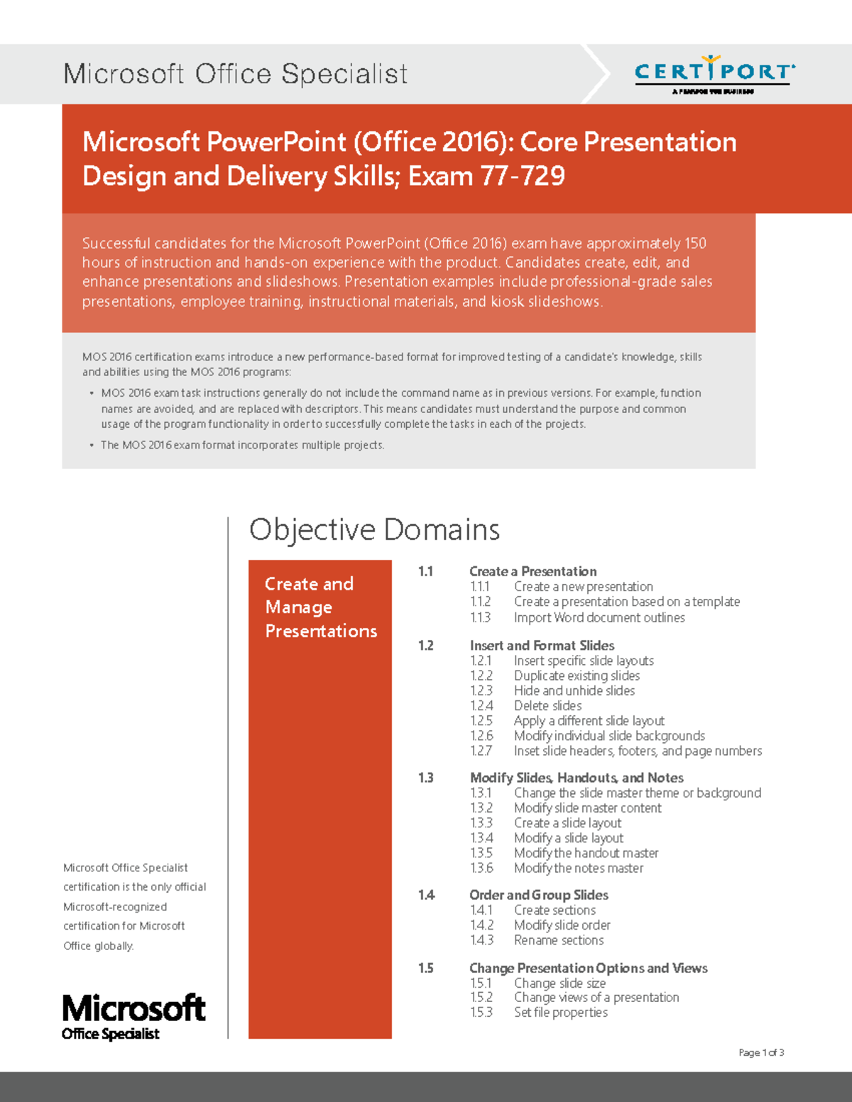 MOS Power Point 2016 Exam Objectives - Page 1 of 3 Microsoft PowerPoint ...