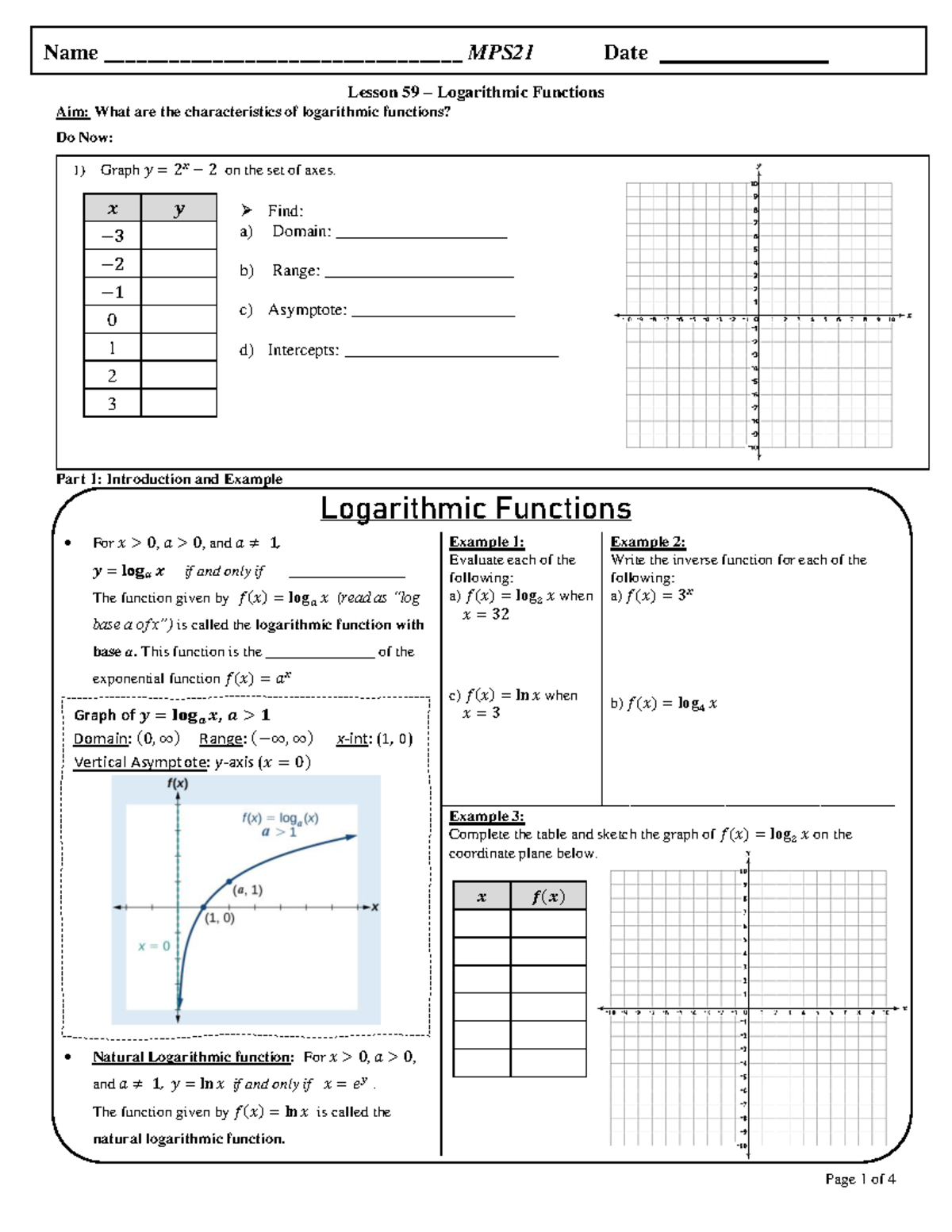 MPS21 WS # 59 - Logarithmic Functions - S Lesson 59 – Logarithmic ...