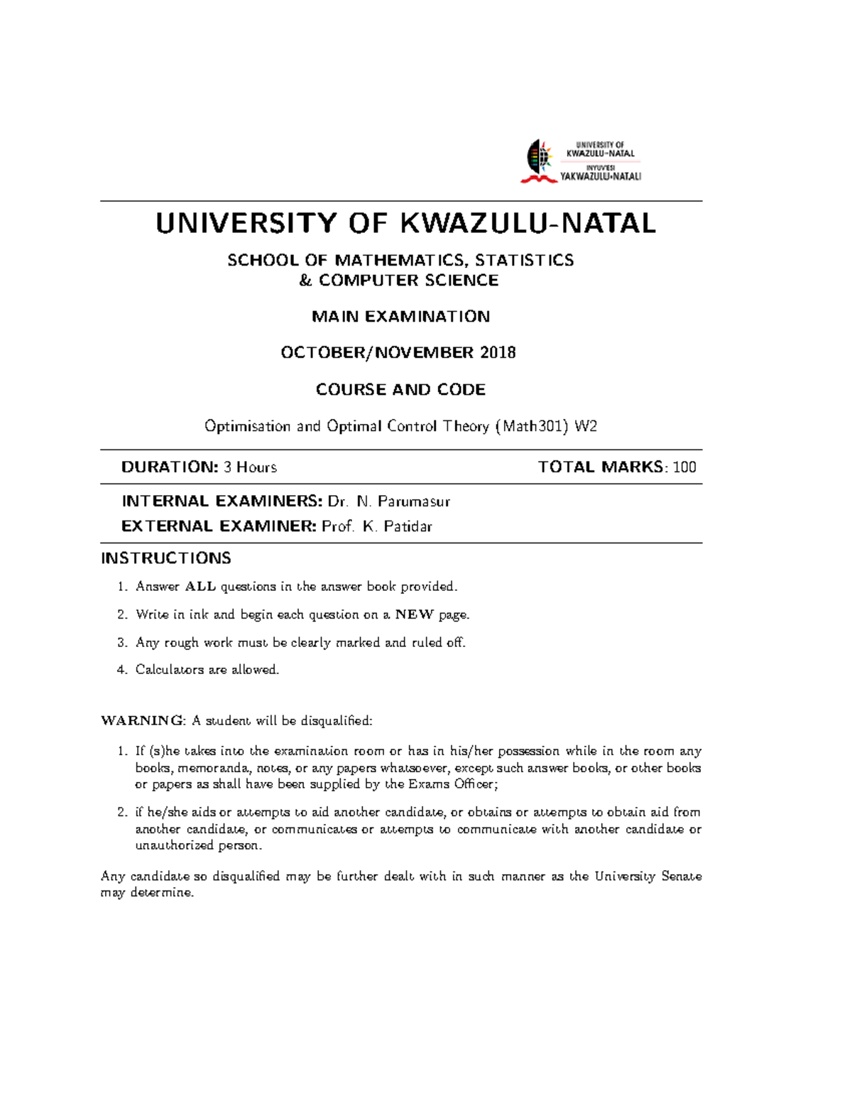 2018 Main Questions - UNIVERSITY OF KWAZULU-NATAL SCHOOL OF MATHEMATICS, STATISTICS & COMPUTER ...