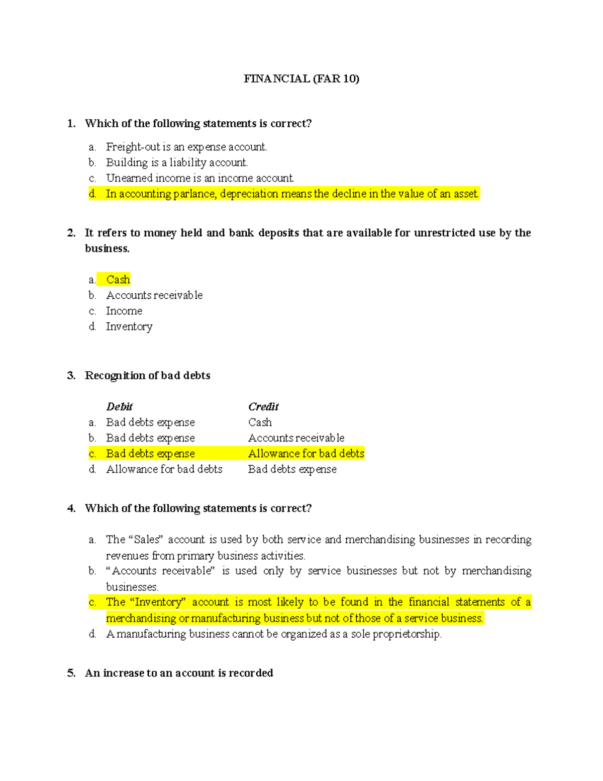 Financial FAR 10 - IT COMPOSE OF MULTIPLE CHOICE QUESTION WITH ANSWERS ...