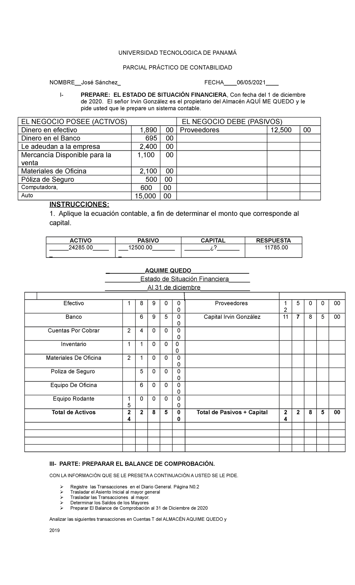 Parcial practico contabilidad Jose Sanchez - UNIVERSIDAD TECNOLOGICA DE ...