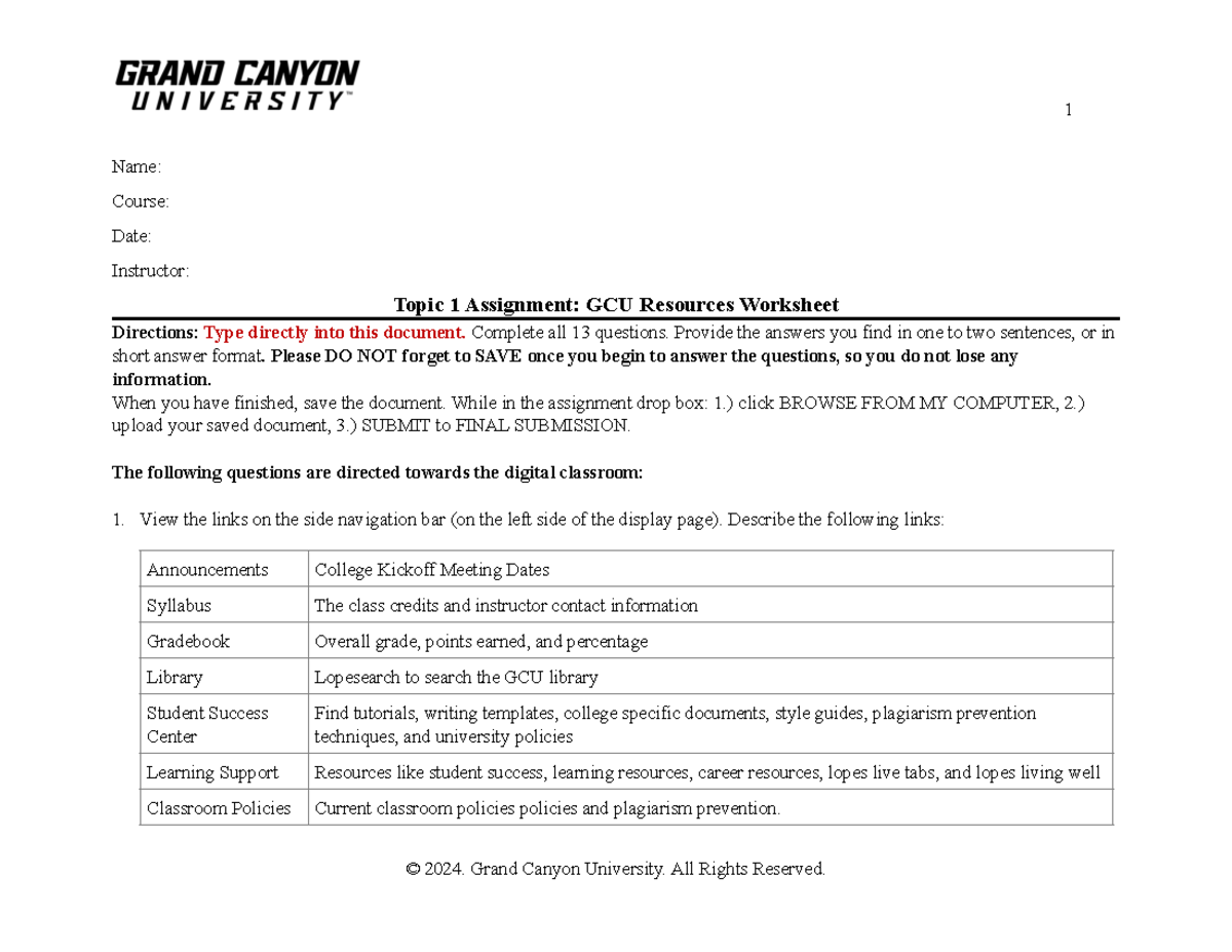 Resources Worksheet - Name: Course: Date: Instructor: Topic 1 ...