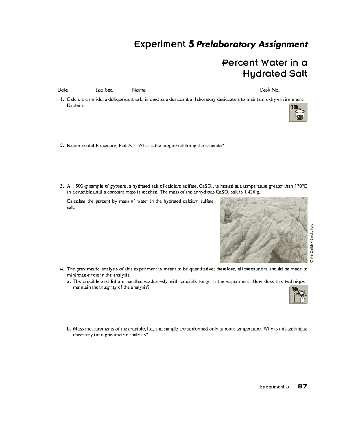 Experiment 5 Pre lab questions - Experiment 5 Prelaboratory Assignment Percent Water in a ...