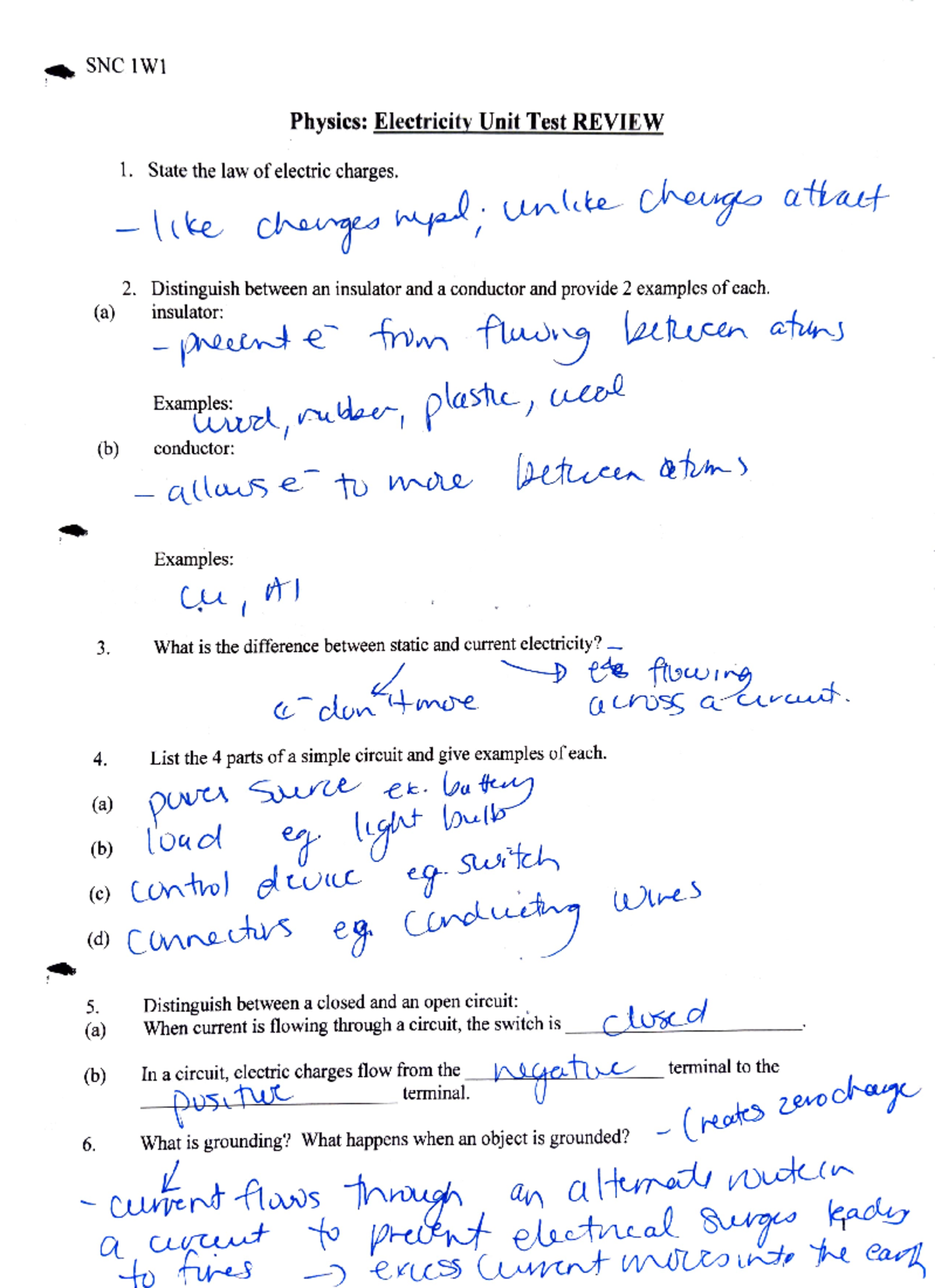 Electric Test Review Part 1 SNC 2D1 - Physics: Electricity Unit Test ...