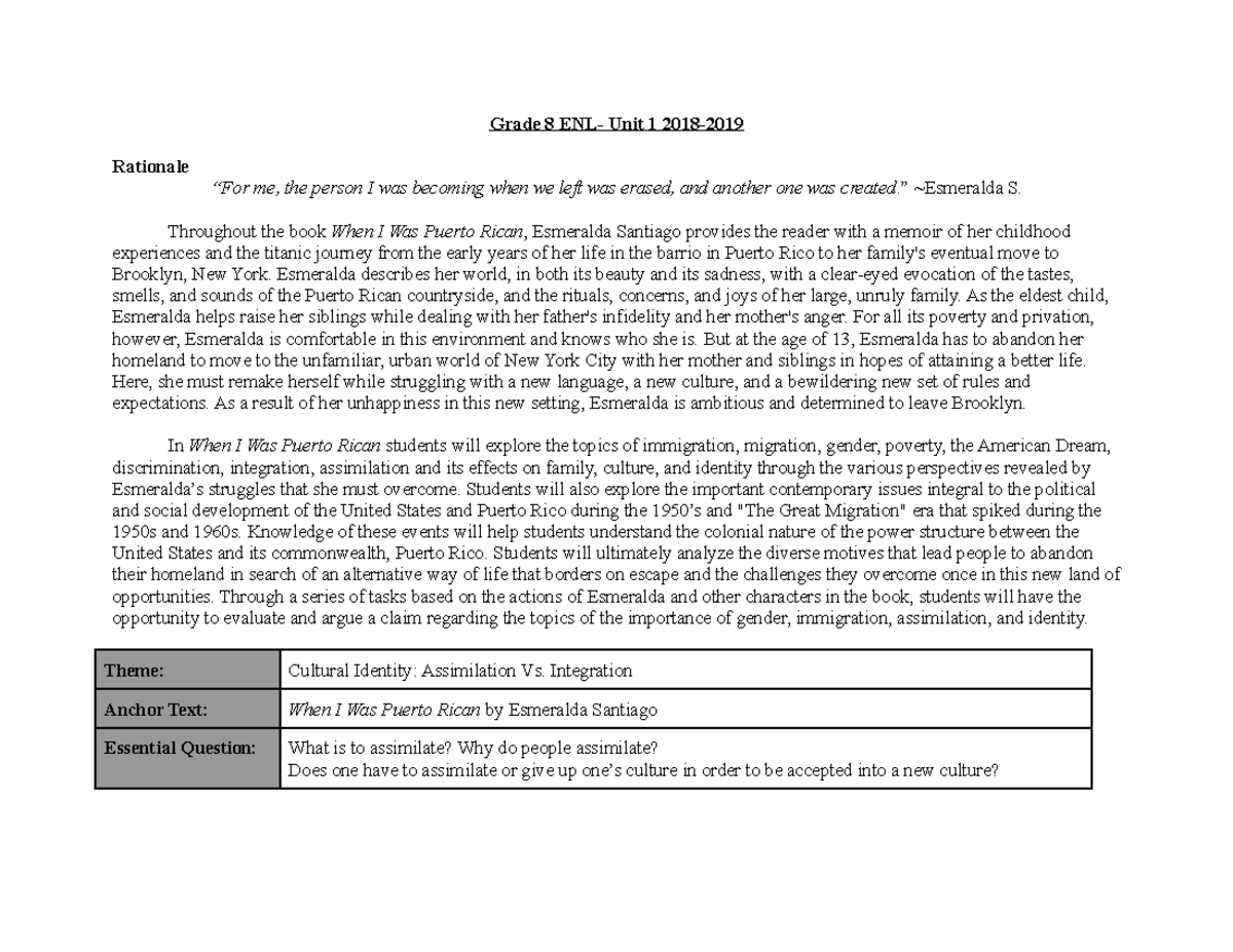 When i was puerto rican grade 8 enl unitplan - Grade 8 ENL- Unit 1 2018 ...