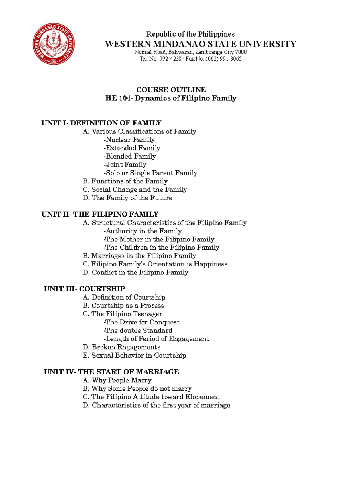 Content Outline HE 104 - Republic of the Philippines WESTERN MINDANAO ...