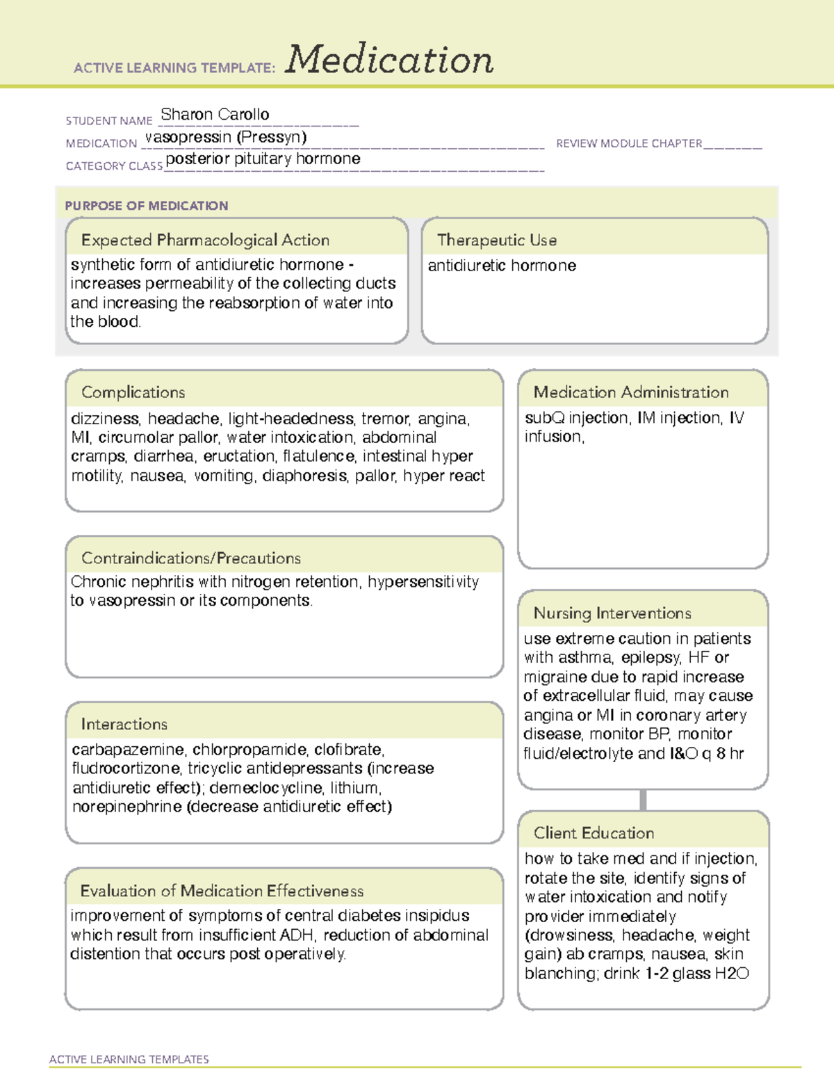 Vasopressin - ALT - ACTIVE LEARNING TEMPLATES Medication STUDENT NAME ...