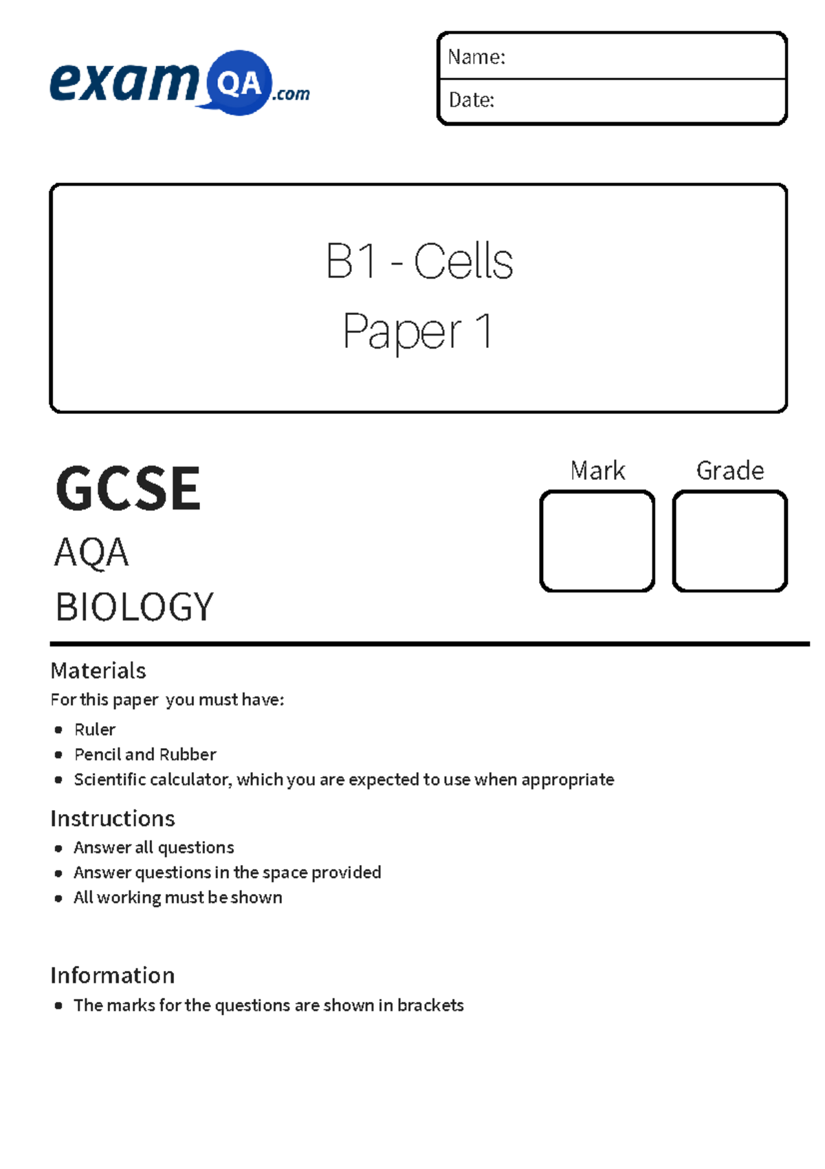 AQA GCSE Biology Biology Topic 1 Cells 1 QP - GCSE BIOLOGY Grade ...