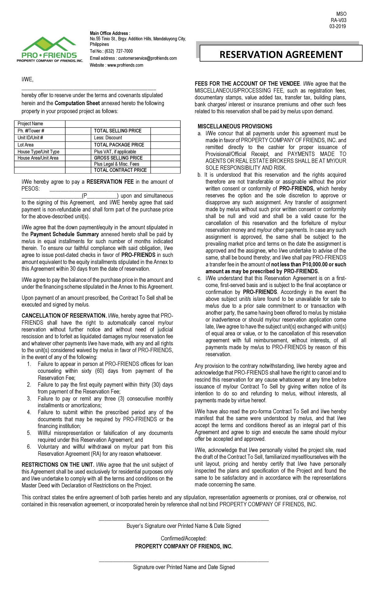 Reservation Agreement Documents - MSO RA-V 03 - Main Office Address ...