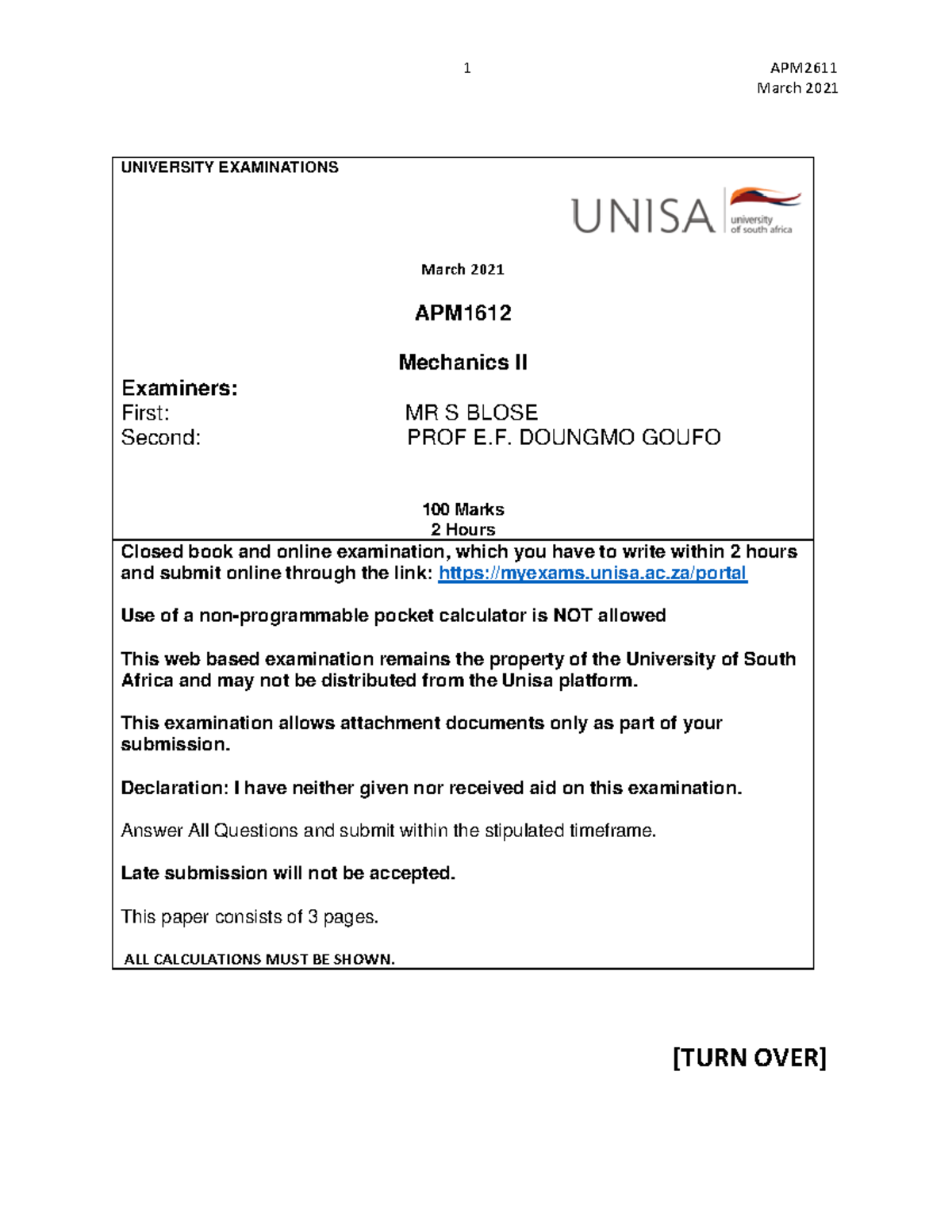 APM1612 Special exam - Exam - 1 APM March 202 1 UNIVERSITY EXAMINATIONS ...