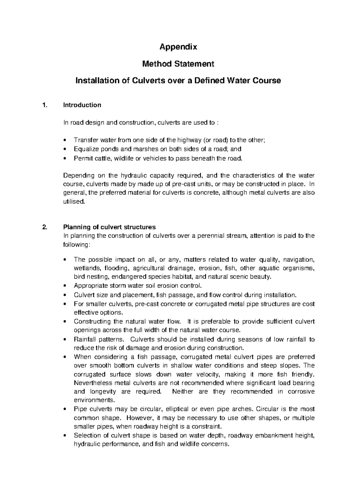 Method Statement for Installation of Road Culverts in water courses ...