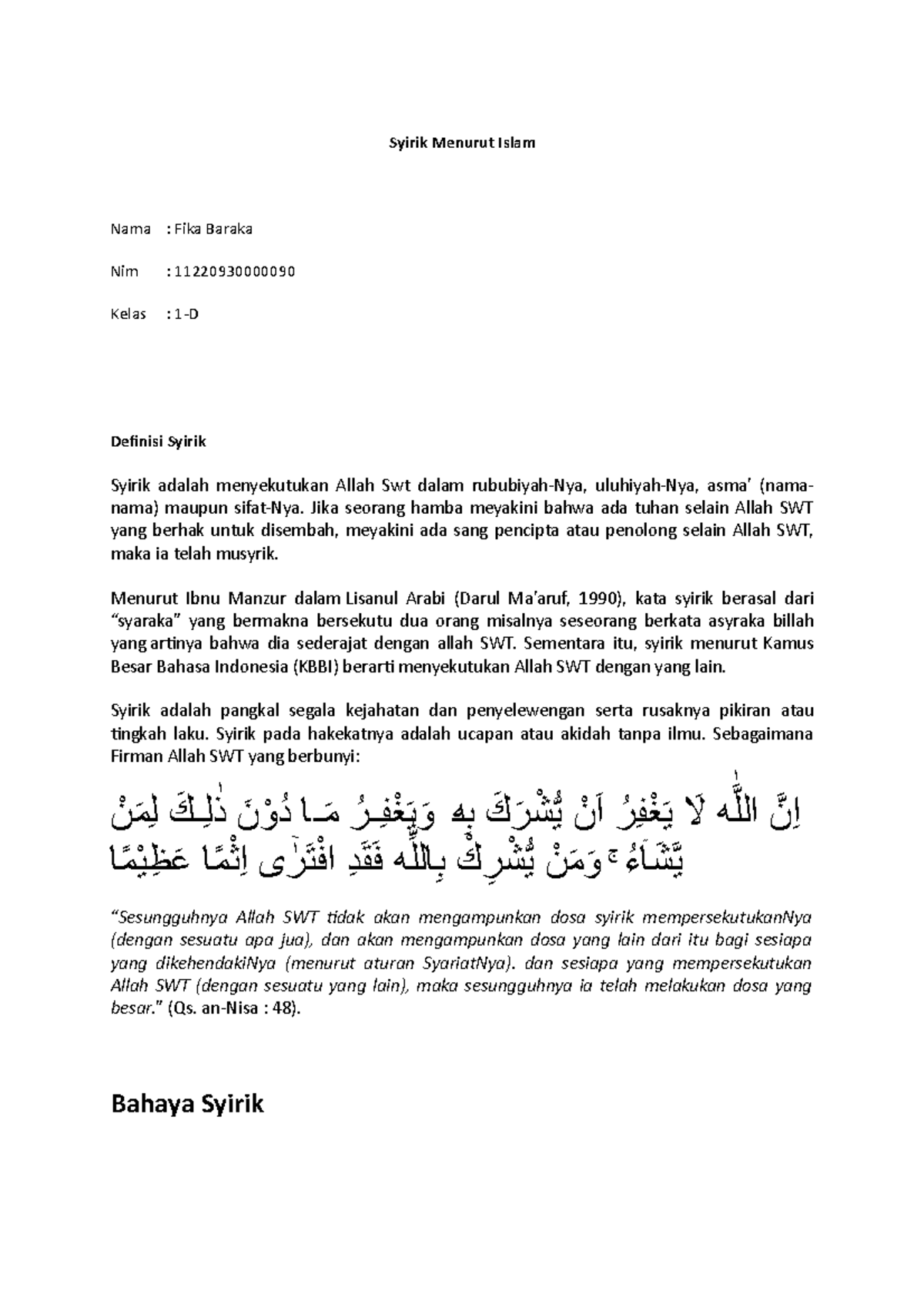 Syirik dalam islam - Syirik Menurut Islam Nama : Fika Baraka Nim ...