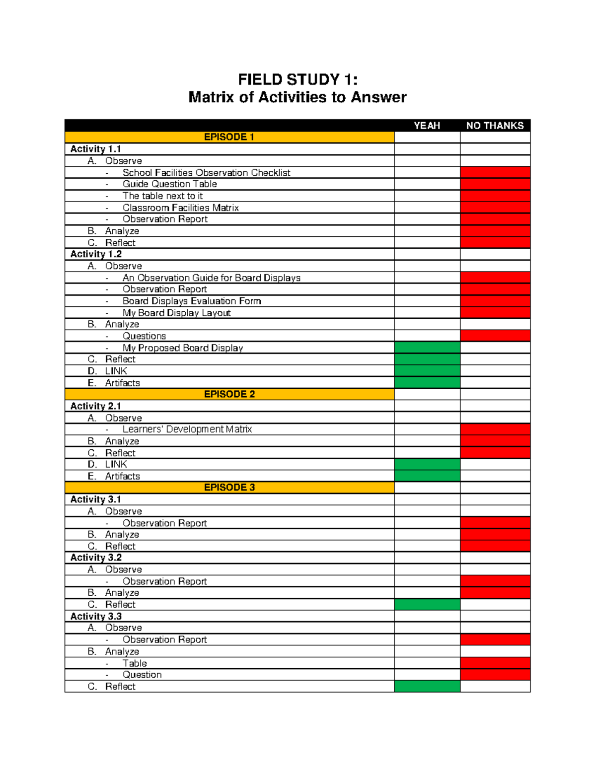 Matrix of Activities to Answer in Field Study 1Deliberated - FIELD ...