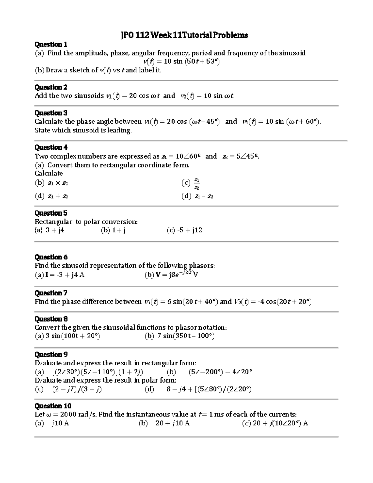 JPO 112 Week 11 Tutorial Problems - JPO 112 Week 1 1 Tutorial Problems Question 1 (a) Find the ...