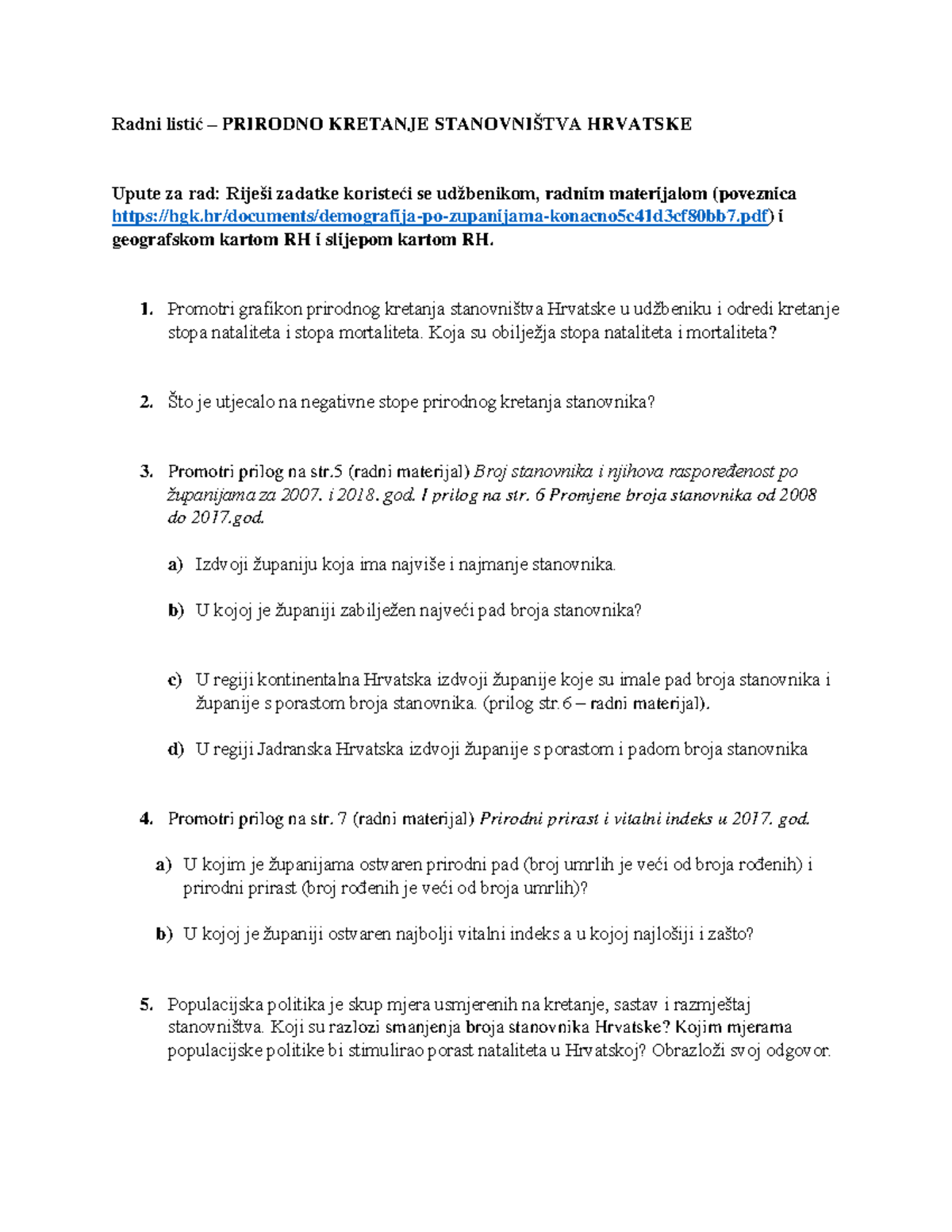 Radni listić - Prirodno kretanje stanovništva Hrvatske - Radni listić ...