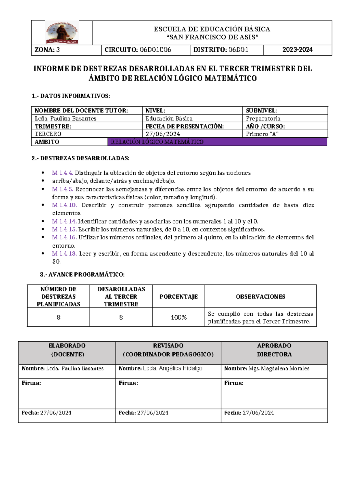 Informe DE Destrezas Desarrolladas Tercer Trimestre Primer Grado-1 ...