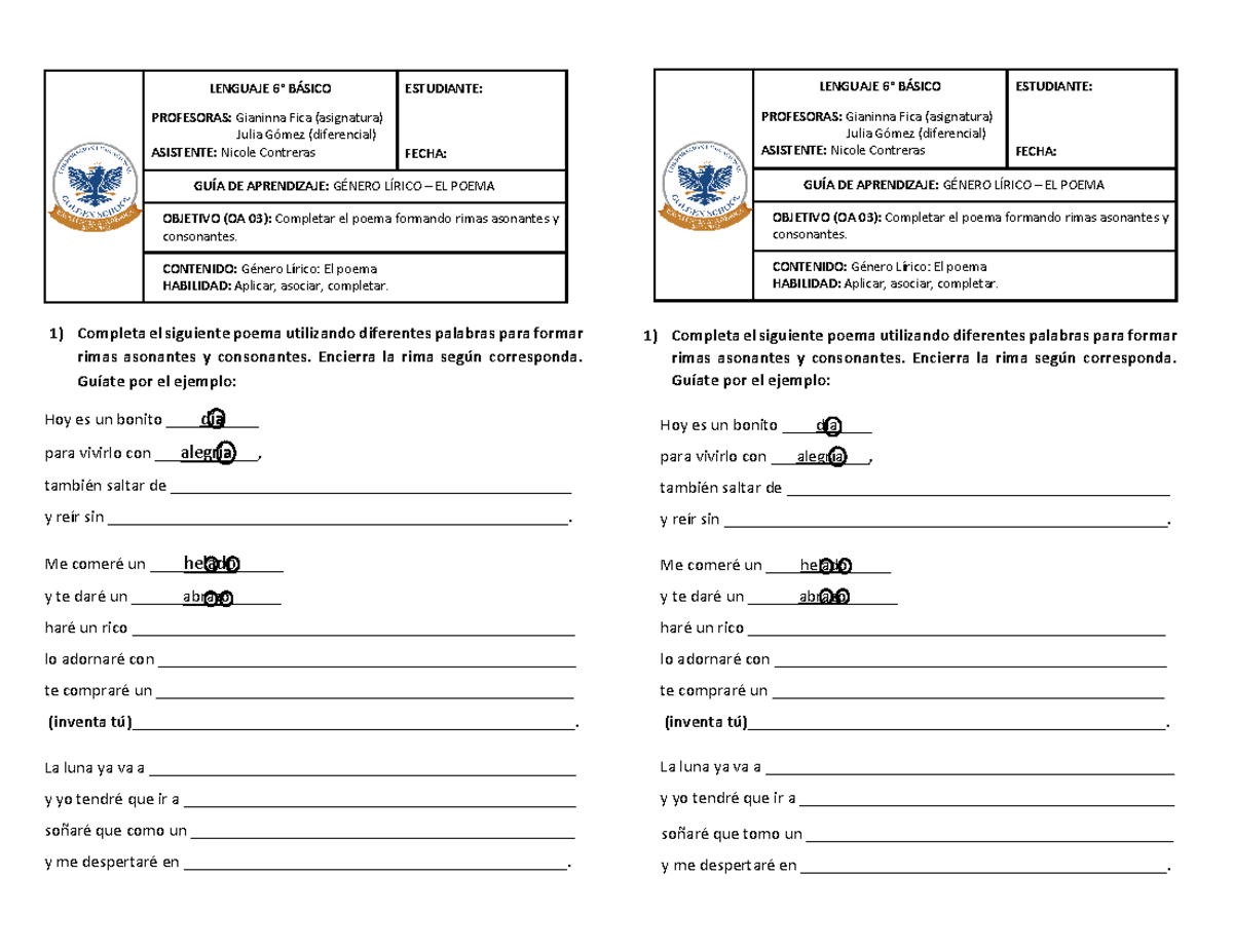 Completar poema - 1) Completa el siguiente poema utilizando diferentes ...