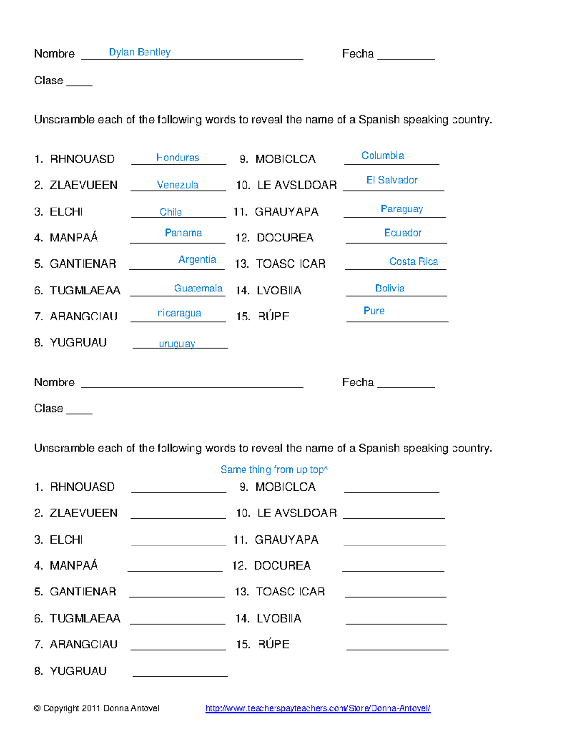 Spanish Speaking Country Unscramble-1-1 - Nombre ...
