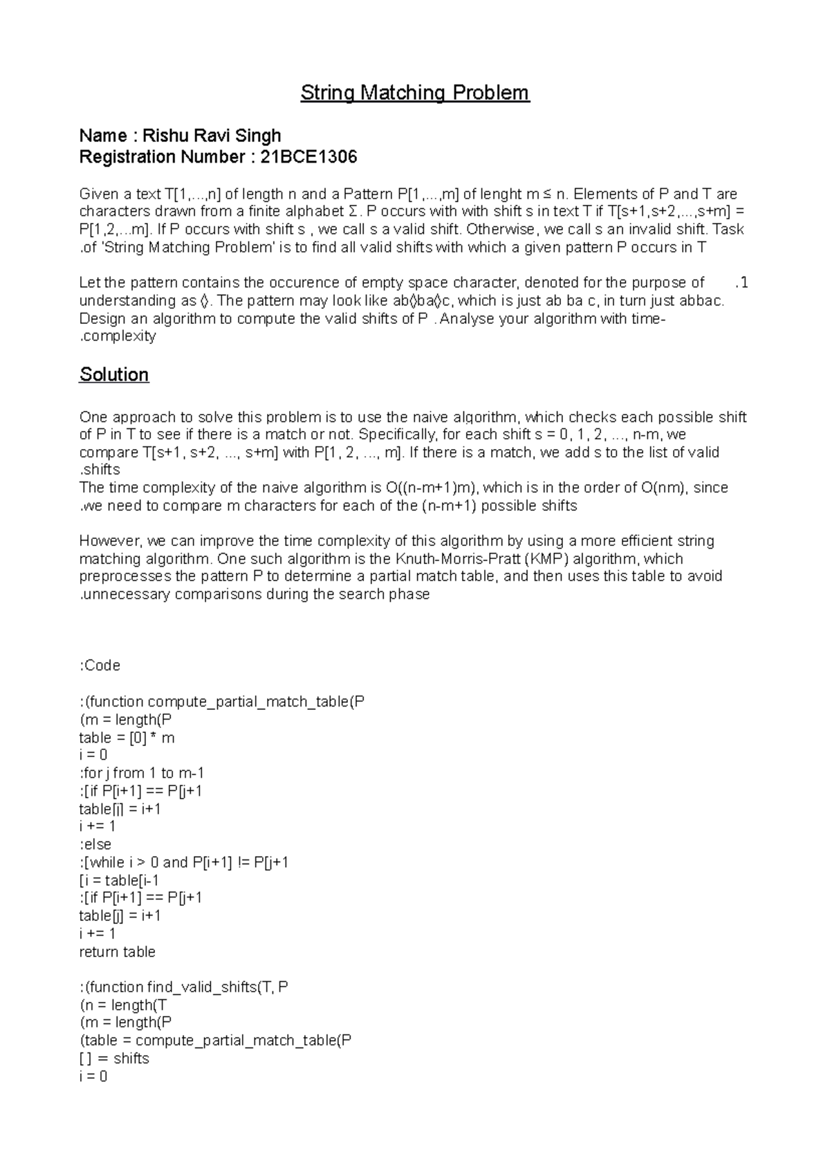 Practice Problem Sheet 8 - String Matching Problem Name : Rishu Ravi Singh Registration Number ...
