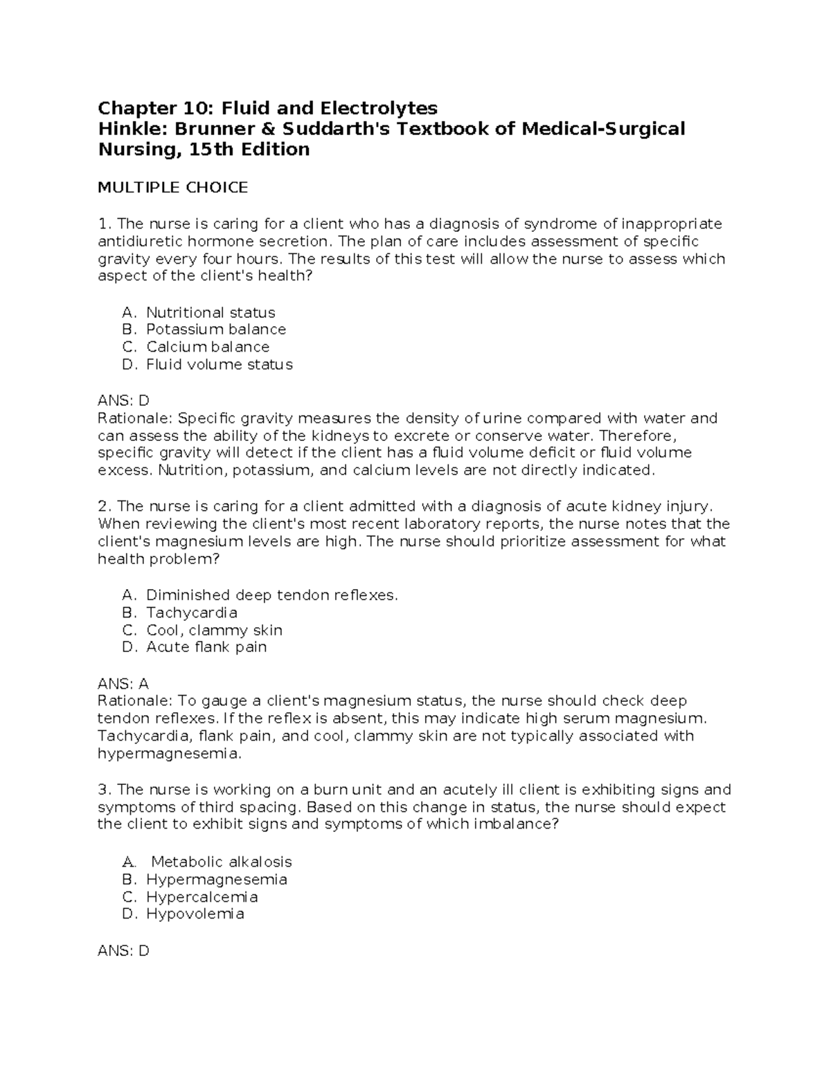 Chapter 10 - test - Chapter 10: Fluid and Electrolytes Hinkle: Brunner ...