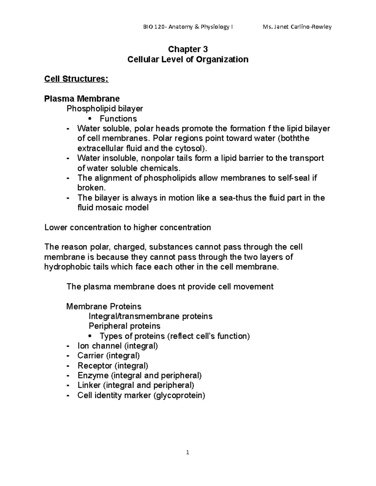 Notes Ch 3 - Janet Rowley - Chapter 3 Cellular Level of Organization ...