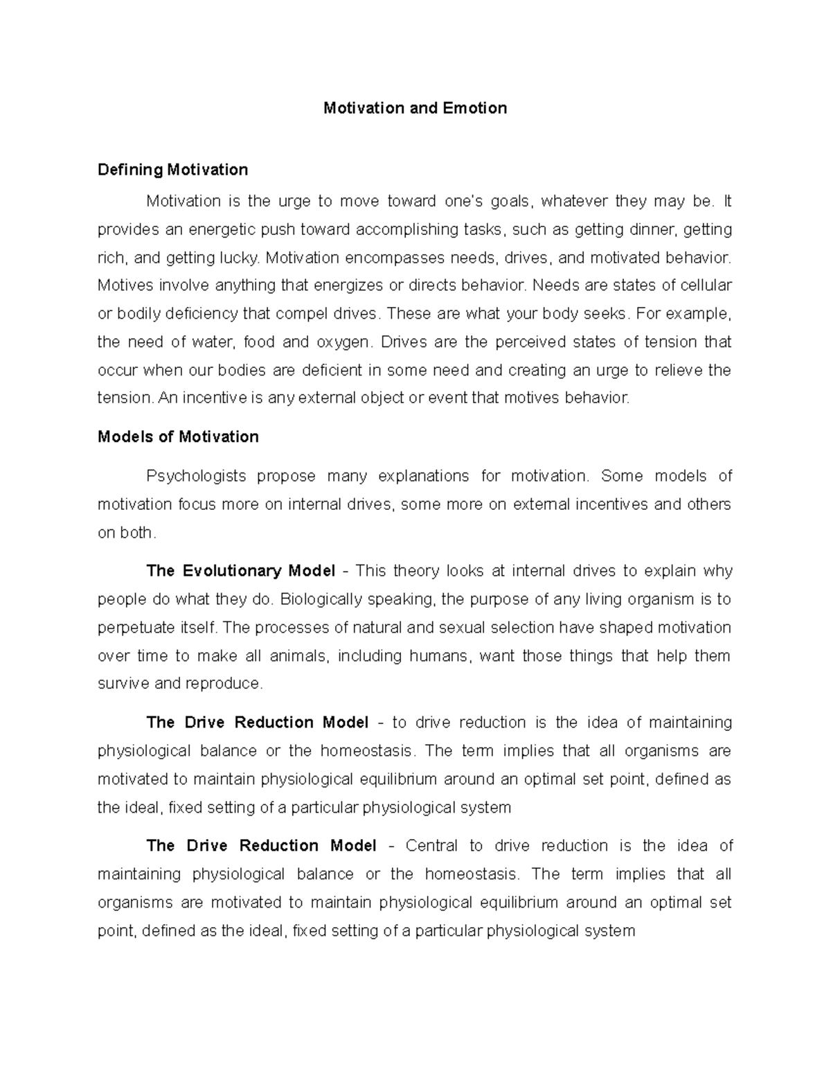 Lecture Notes - General Psychology [ Motivation AND Emotion ...