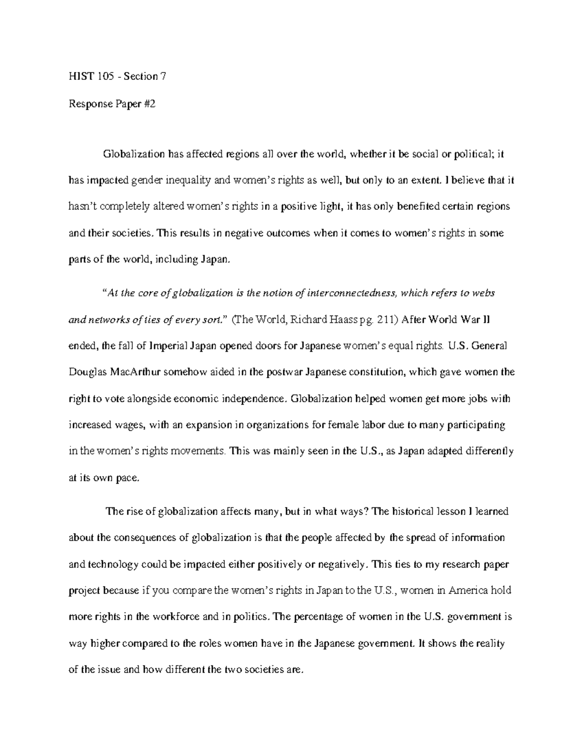 Response Paper 2-3 - History 105 - HIST 105 - Section 7 Response Paper ...