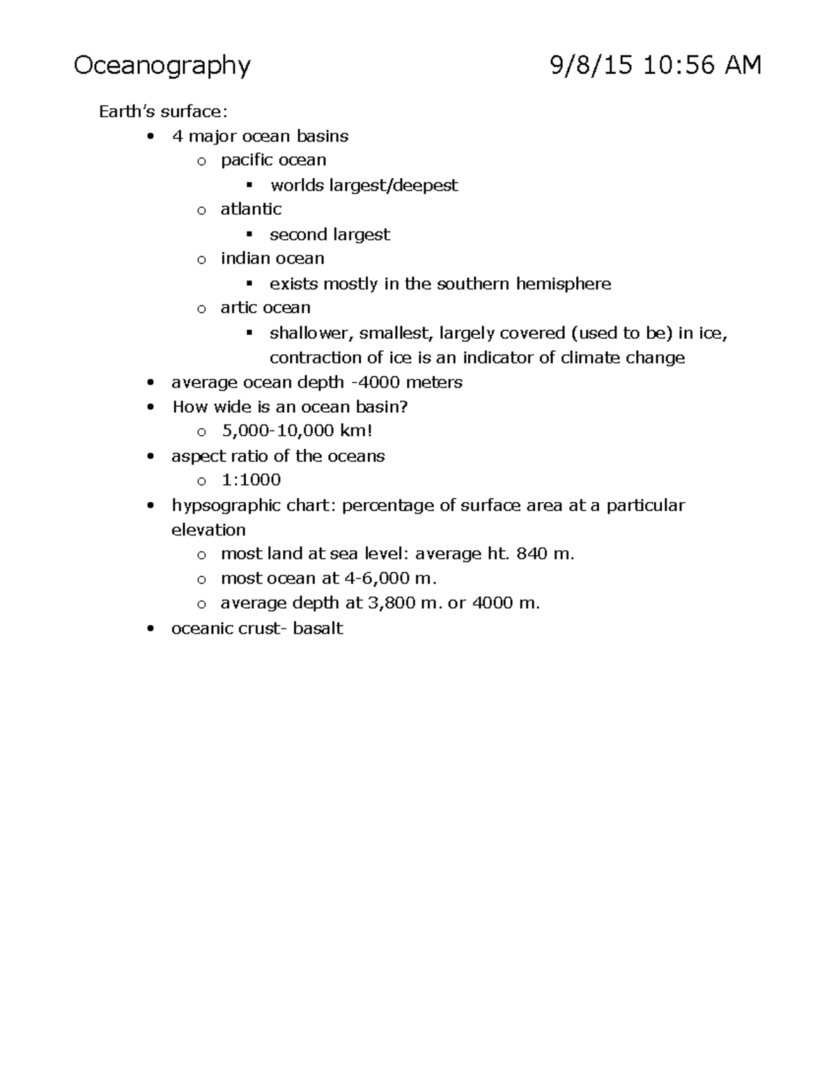 Oceanography class notes - Oceanography 9/8/15 10:56 AM Earth’s surface ...