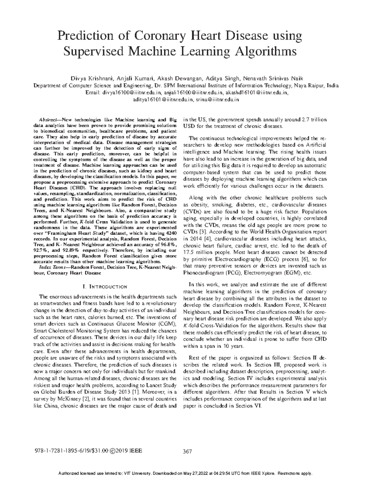 Prediction of Coronary Heart Disease using Supervised Machine Learning ...