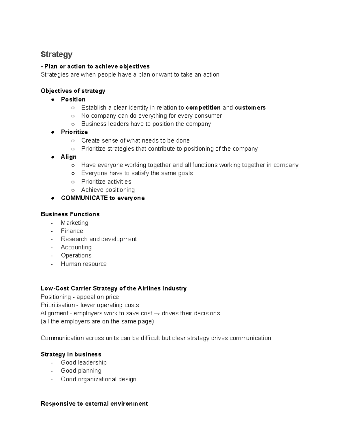 BPM1705 notes - Strategy Plan or action to achieve objectives ...