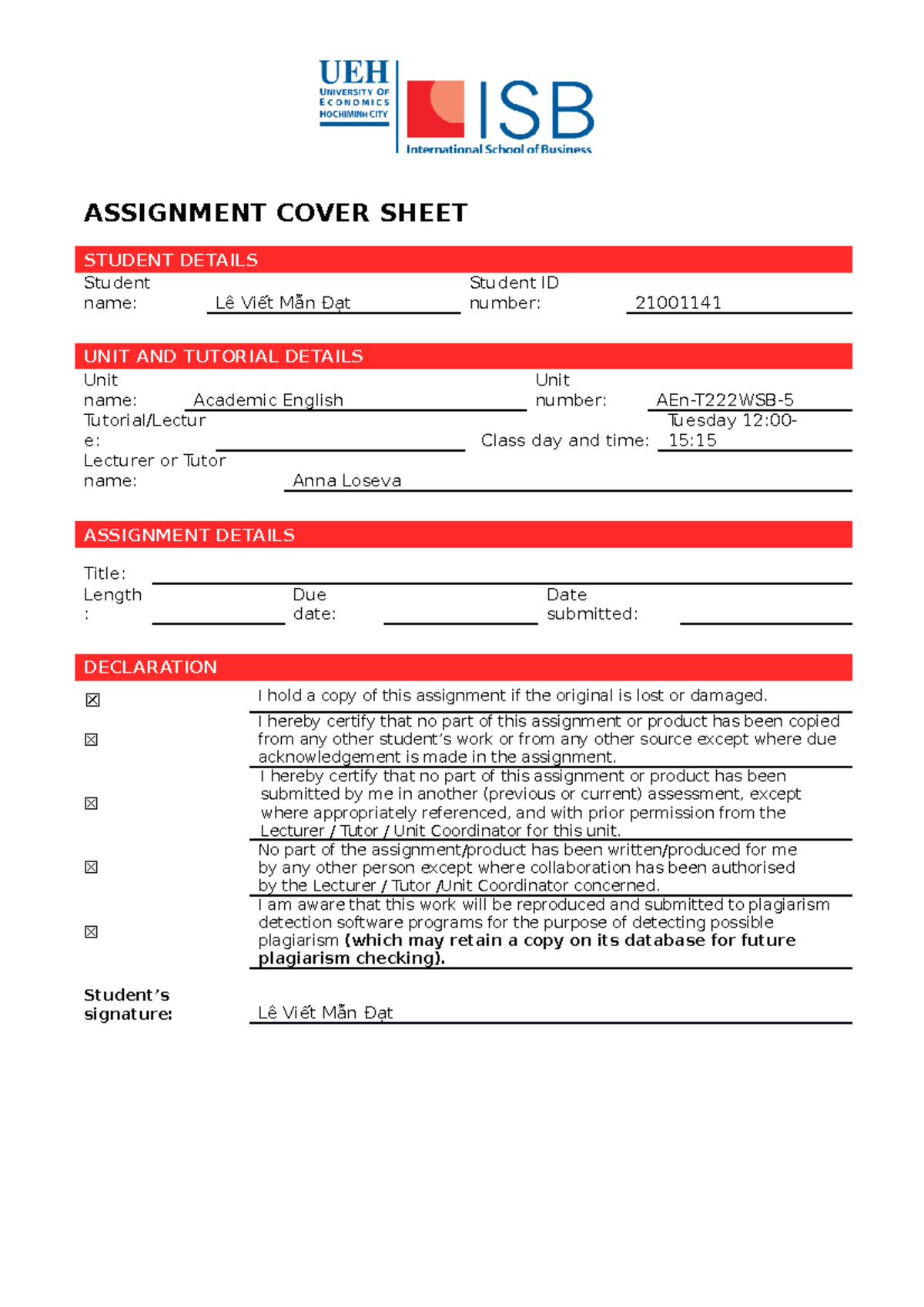 Individual Assignment Cover Sheet ISB - ASSIGNMENT COVER SHEET STUDENT ...