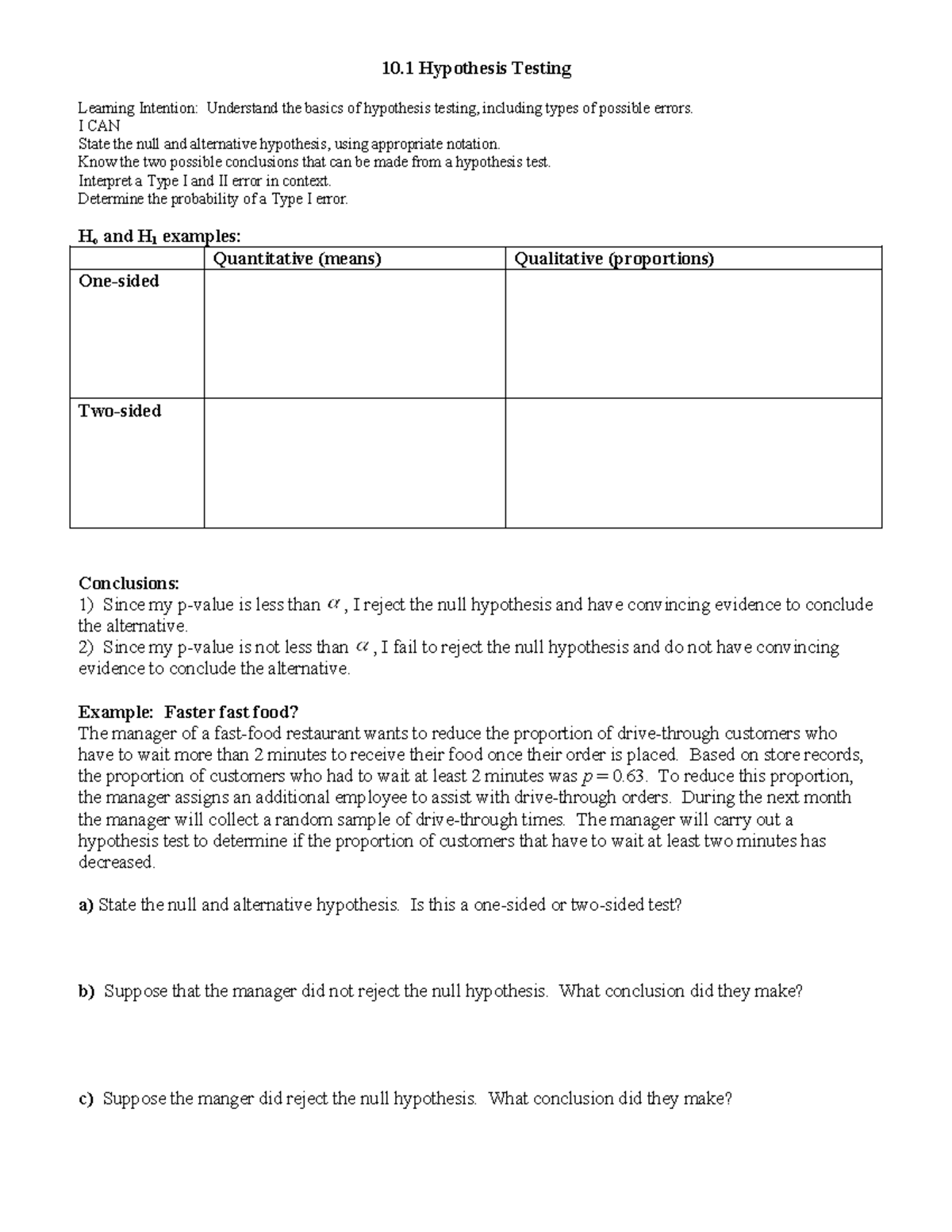 10 - POPULATION MEANS - 10 Hypothesis Testing Learning Intention ...