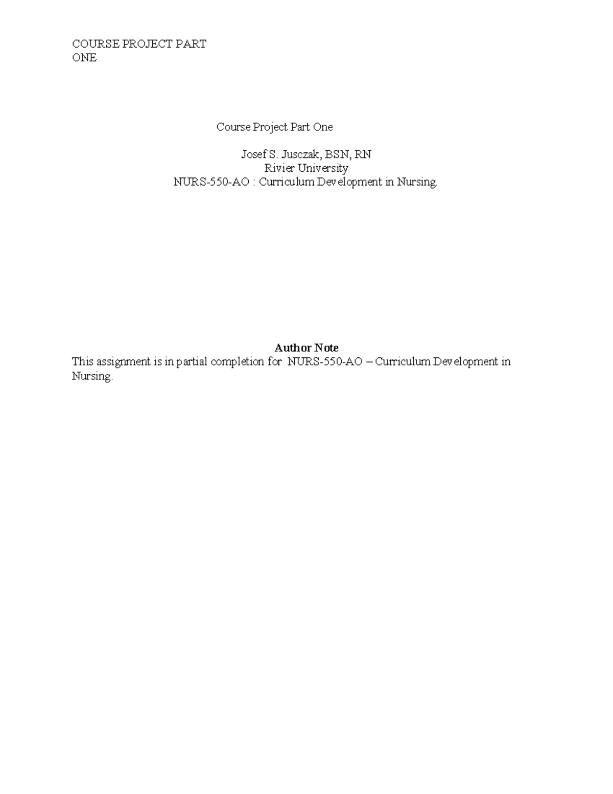 Course Project Part One - COURSE PROJECT PART ONE Course Project Part ...