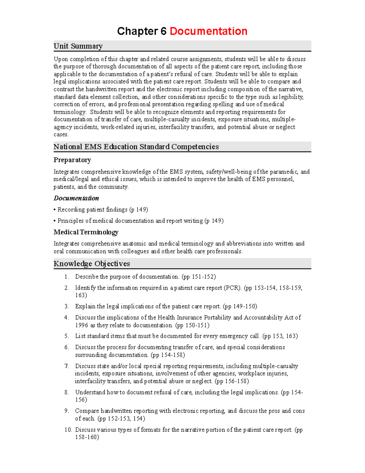 Ch06 Documentation Patient Care - Chapter 6 Documentation Unit Summary ...