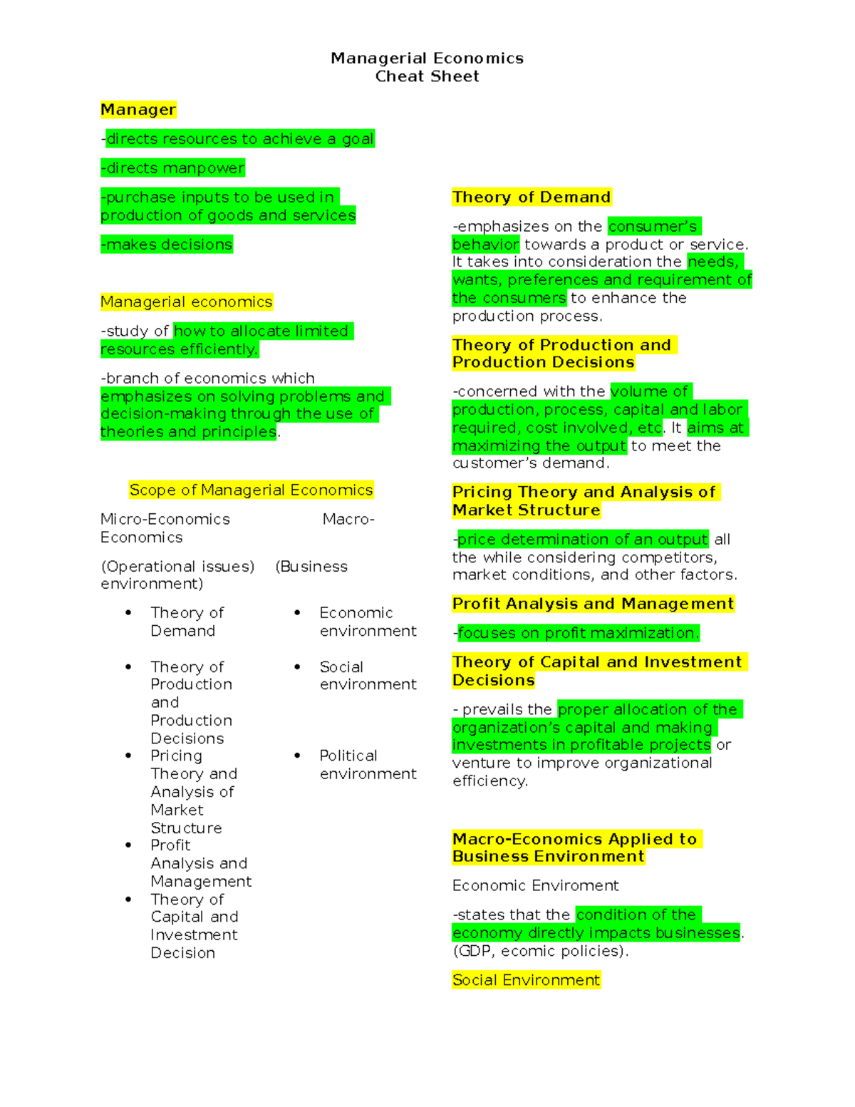 Man Econ Cheat Sheet - Managerial Economics Cheat Sheet Manager directs resources to achieve a ...