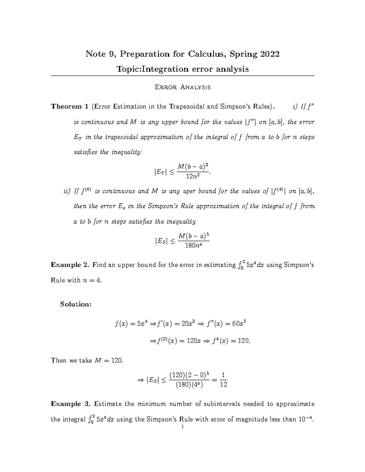 Note9 - Integration error analysis - Note 9, Preparation for Calculus ...