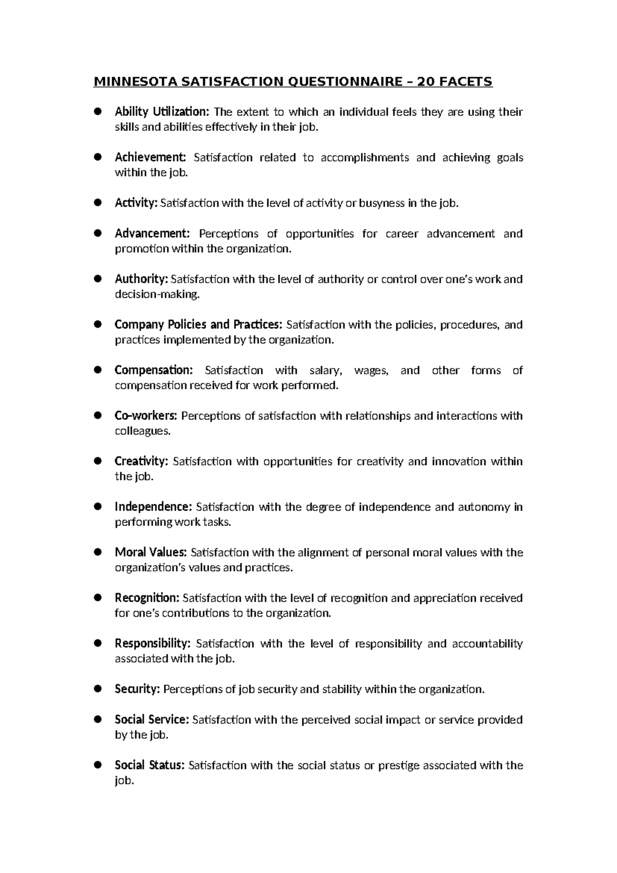 Minnesota Satisfaction Questionnaire – 20 Facets - MINNESOTA ...