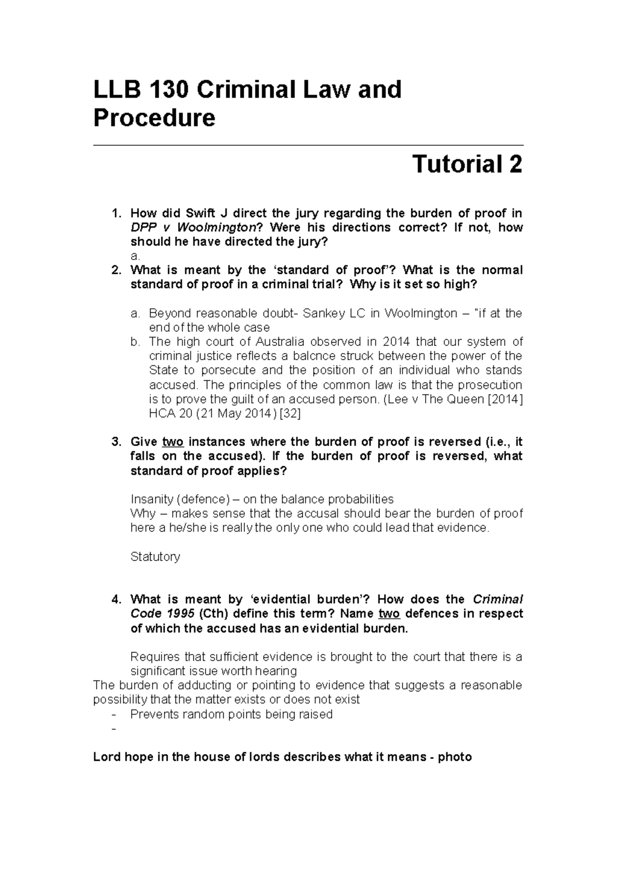 Tutorial 2 questions Final - LLB 130 Criminal Law and Procedure ...
