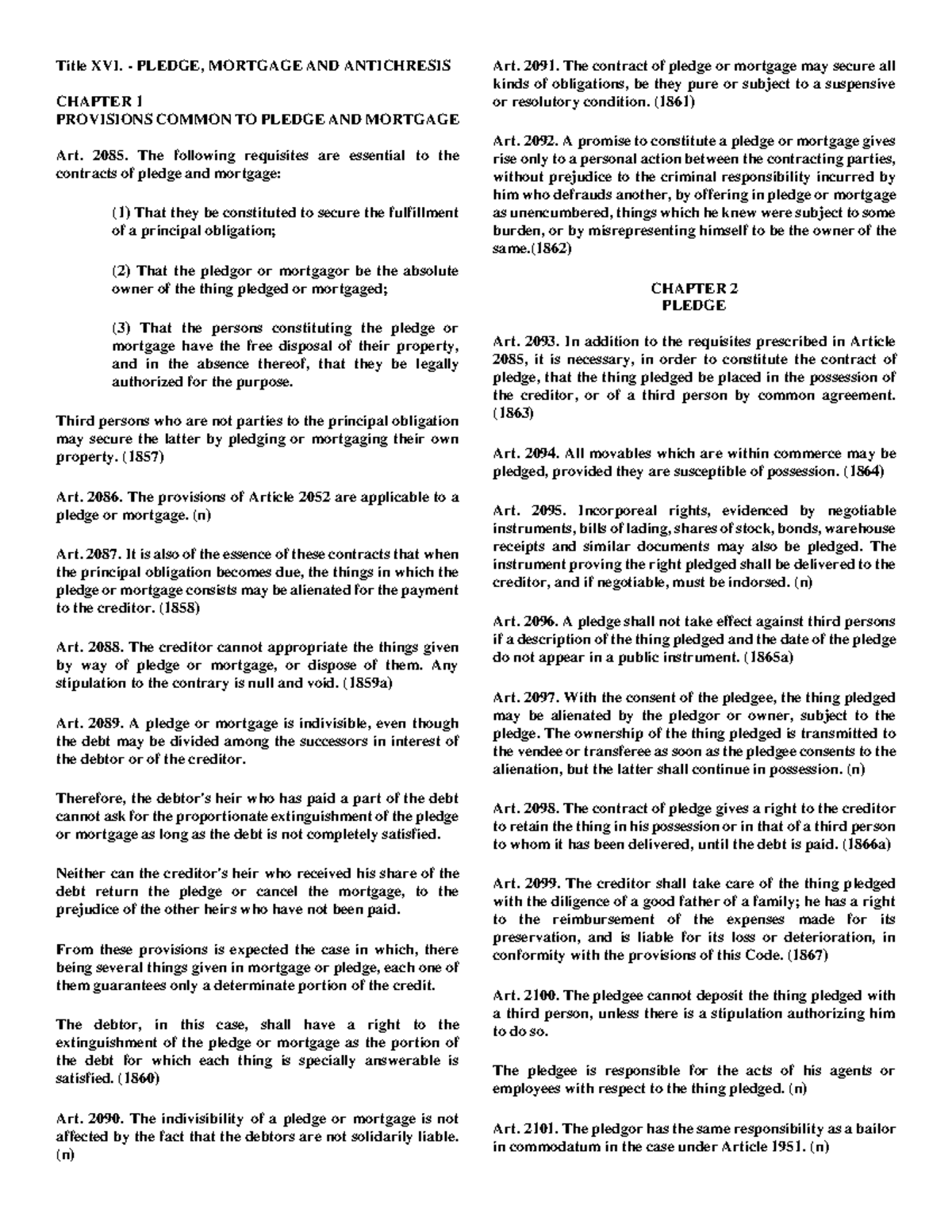 Pledge&Mortgage - Lecture notes 6-7 - Title XVI. - PLEDGE, MORTGAGE AND ...