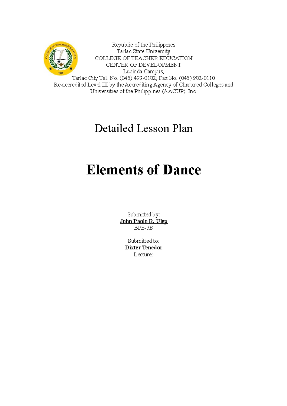 Lesson PLAN Elements OF Dance uleppppppppp 1 - Republic of the ...