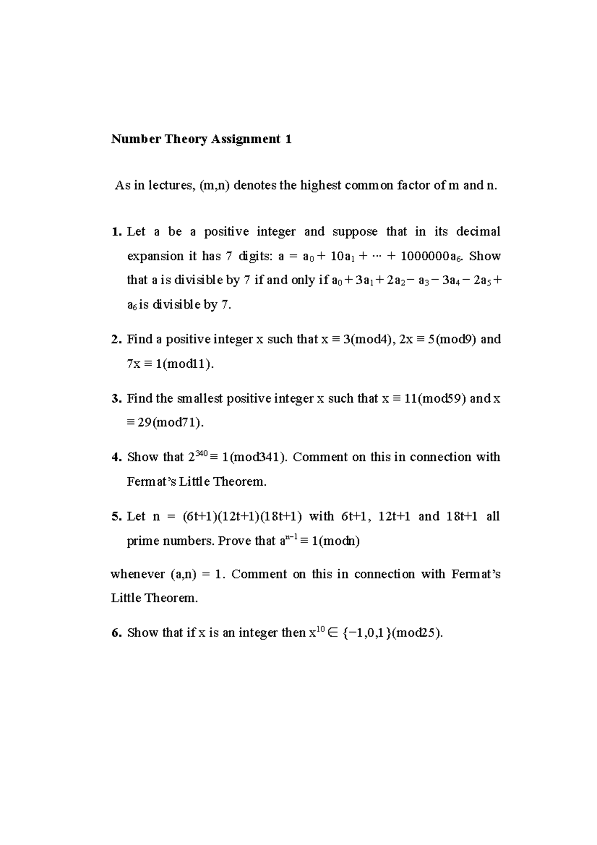 Num Theory Assignment 1 Number Theory Assignment 1 As In Lectures M N Denotes The Highest