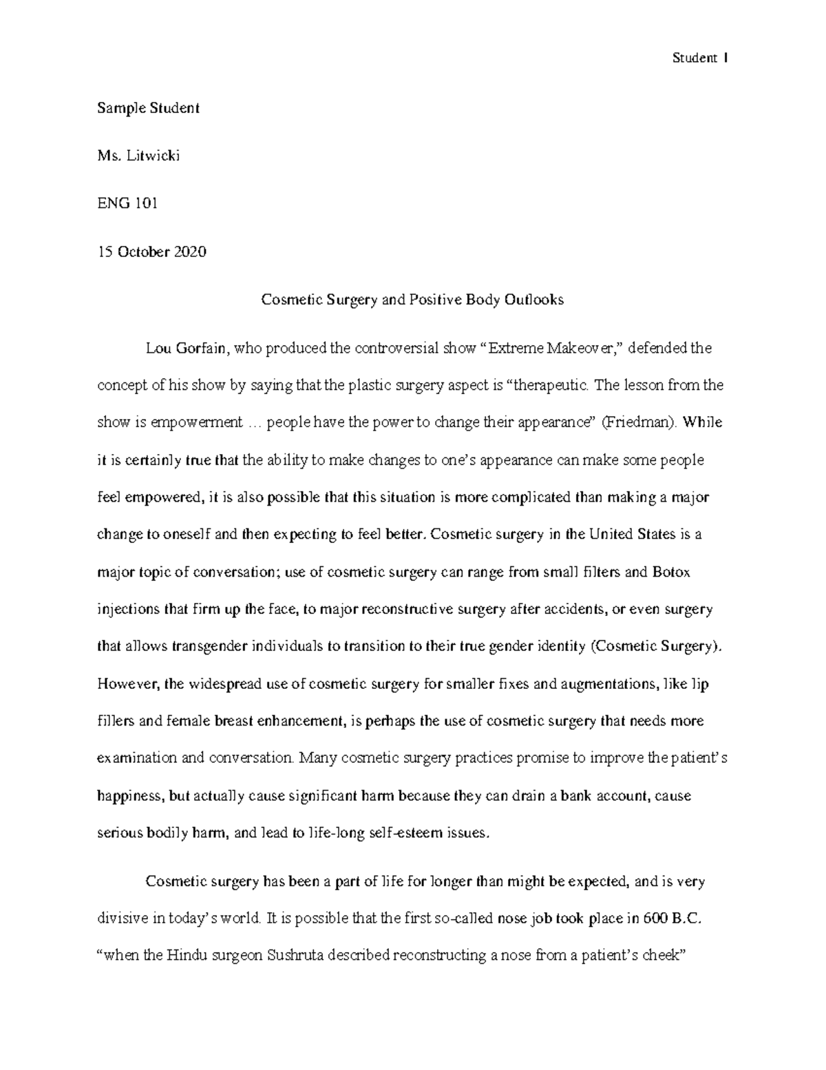 ENG 101 Sample Research Essay - Sample Student Ms. Litwicki ENG 101 15 ...