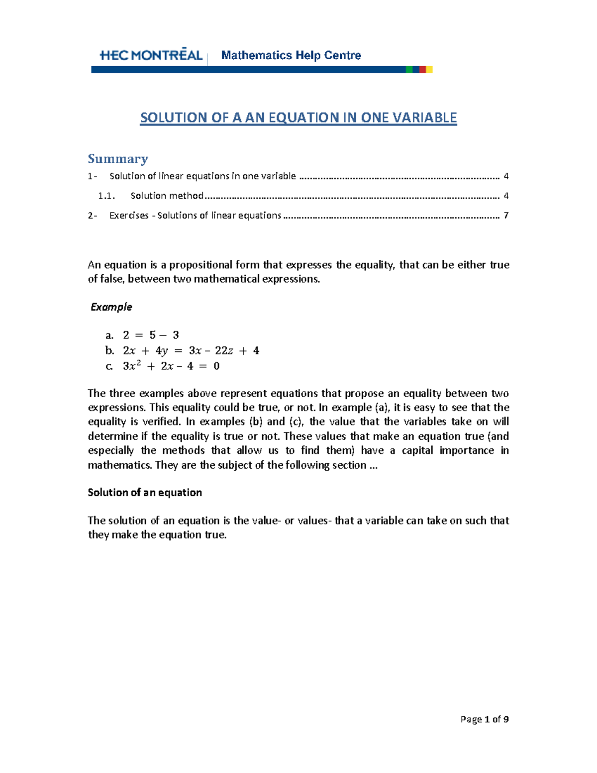 Solution of an equation in one variable - - Studocu
