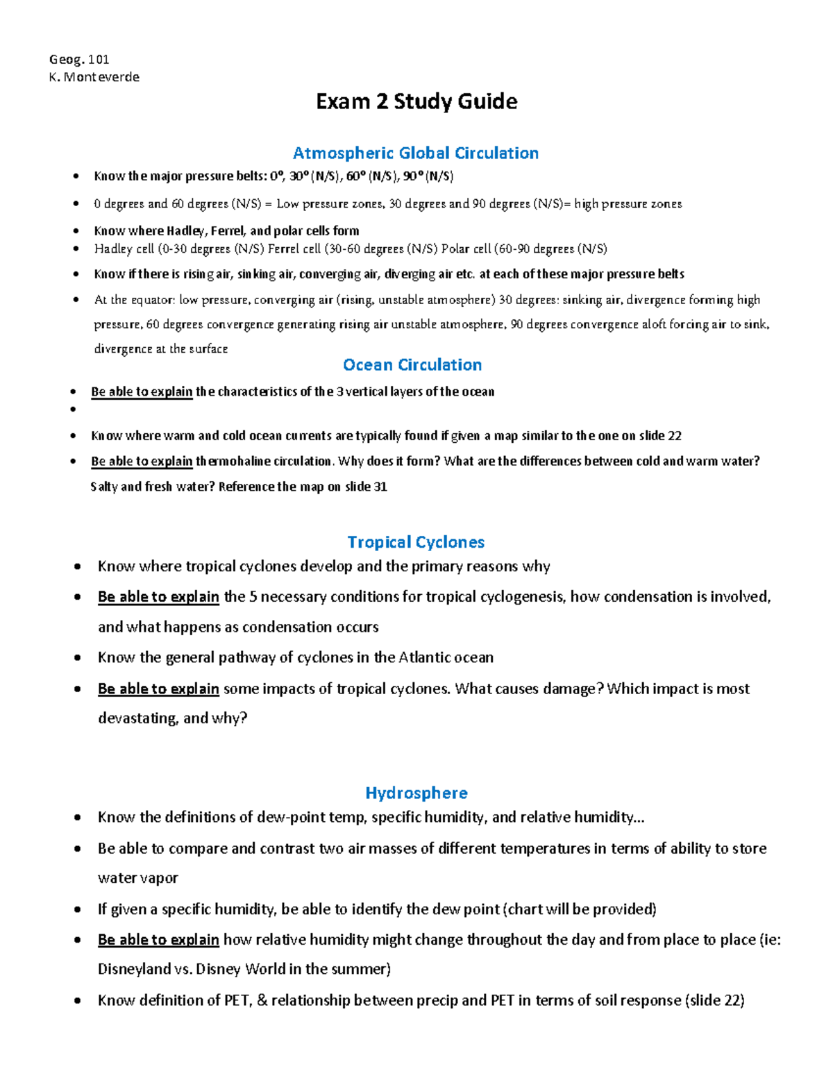 Exam2 study Guide SP20 - Geog. 101 K. Monteverde Exam 2 Study Guide Atmospheric Global ...