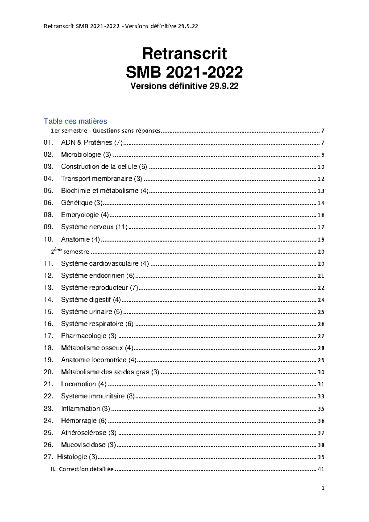 Retranscrit SMB 2022 - QCM pour préparer SMB en 1er - Retranscrit - SMB 2021- Versions ...
