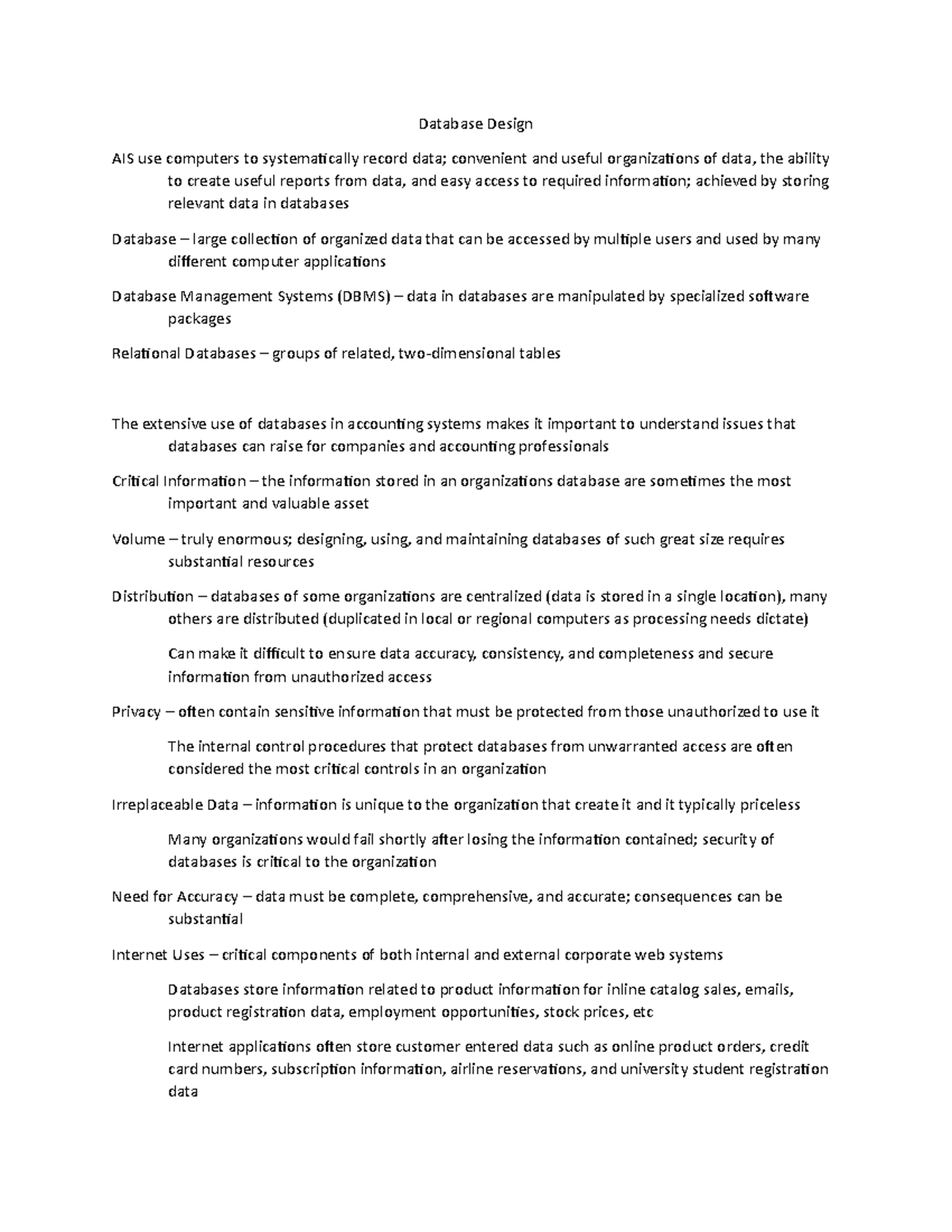 Chapter 4 Notes - Database Design AIS use computers to systematically ...