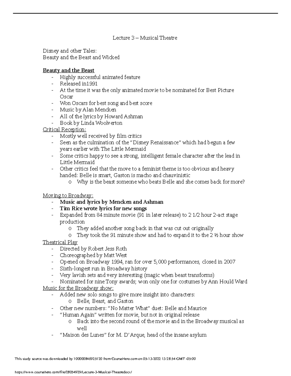 Note - Notes for the class - Lecture 3 – Musical Theatre Disney and ...