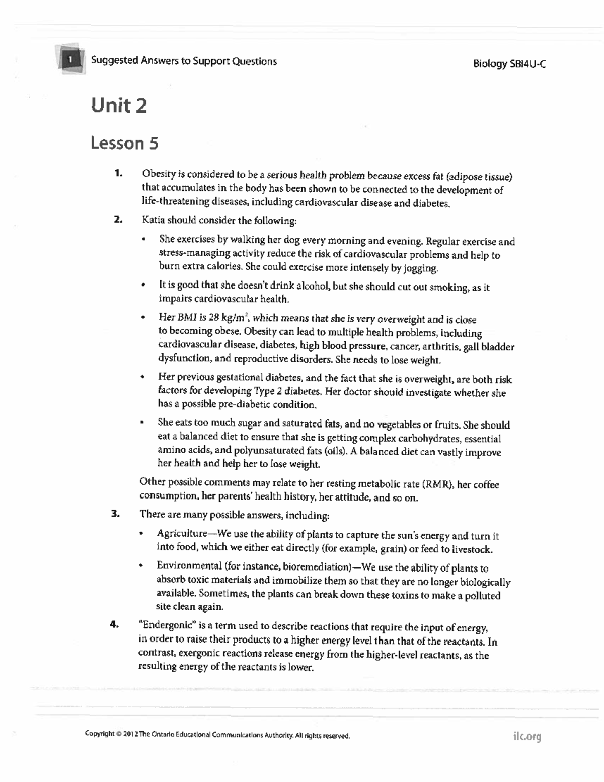 SBI4U-C U2 Answer Key - 1 Suggested Answers to Support Questions Biology Unit 2 Lesson 5 1 ...