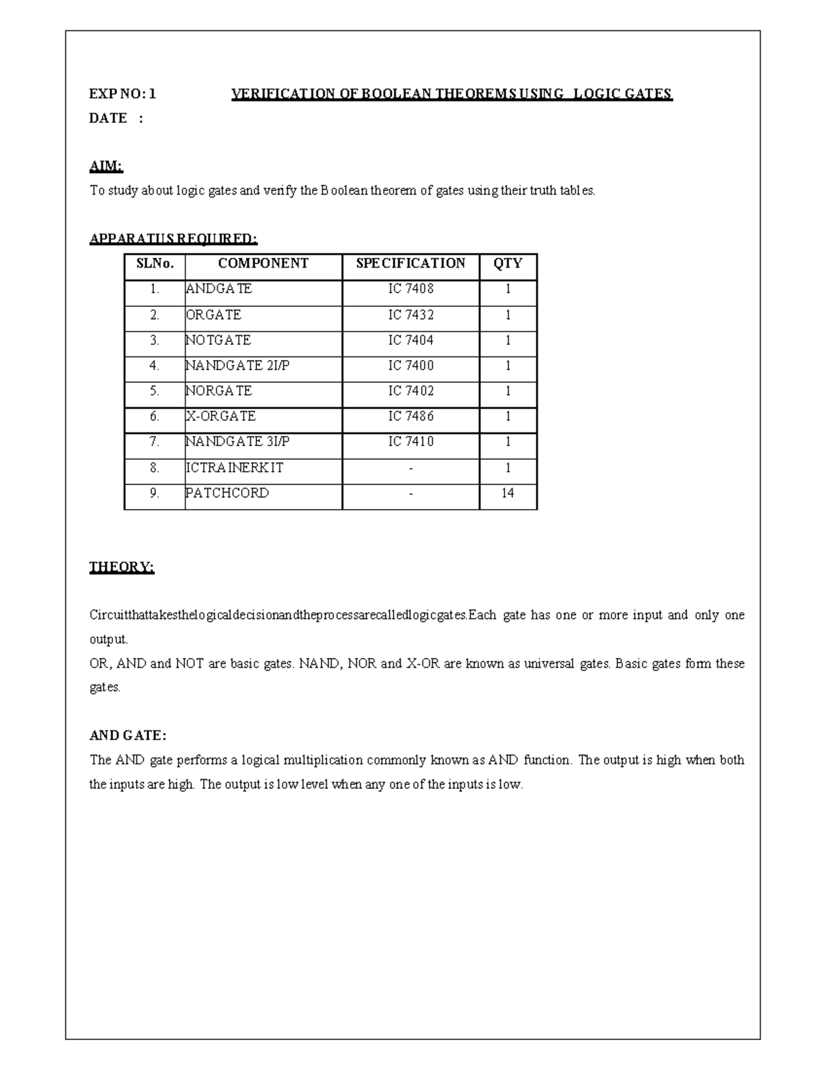 LAB Manual-24-25 - Lab Manual - EXP NO: 1 VERIFICATION OF BOOLEAN ...