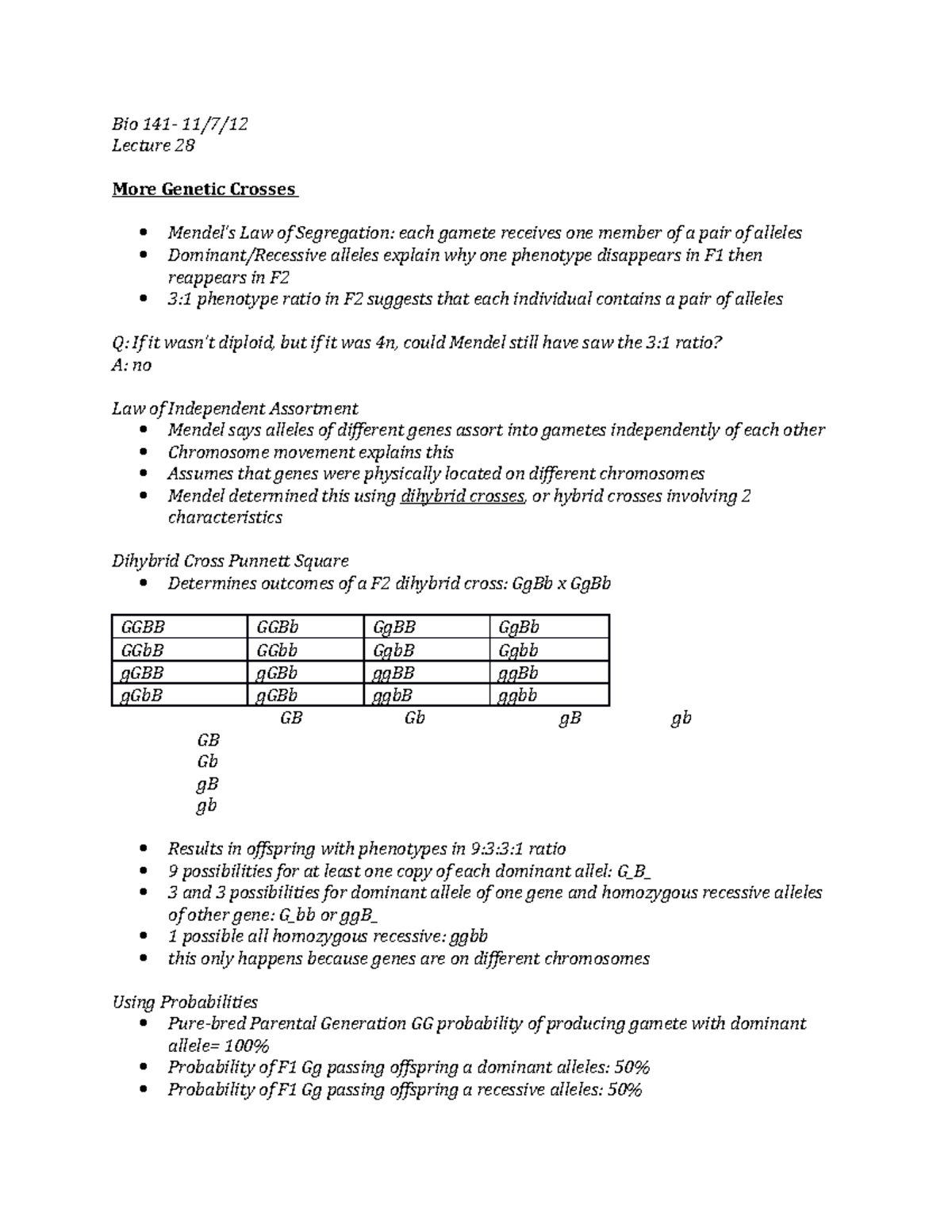 Lect 28- more genetic crosses - Bio 141- 11/7/12 Lecture 28 More ...